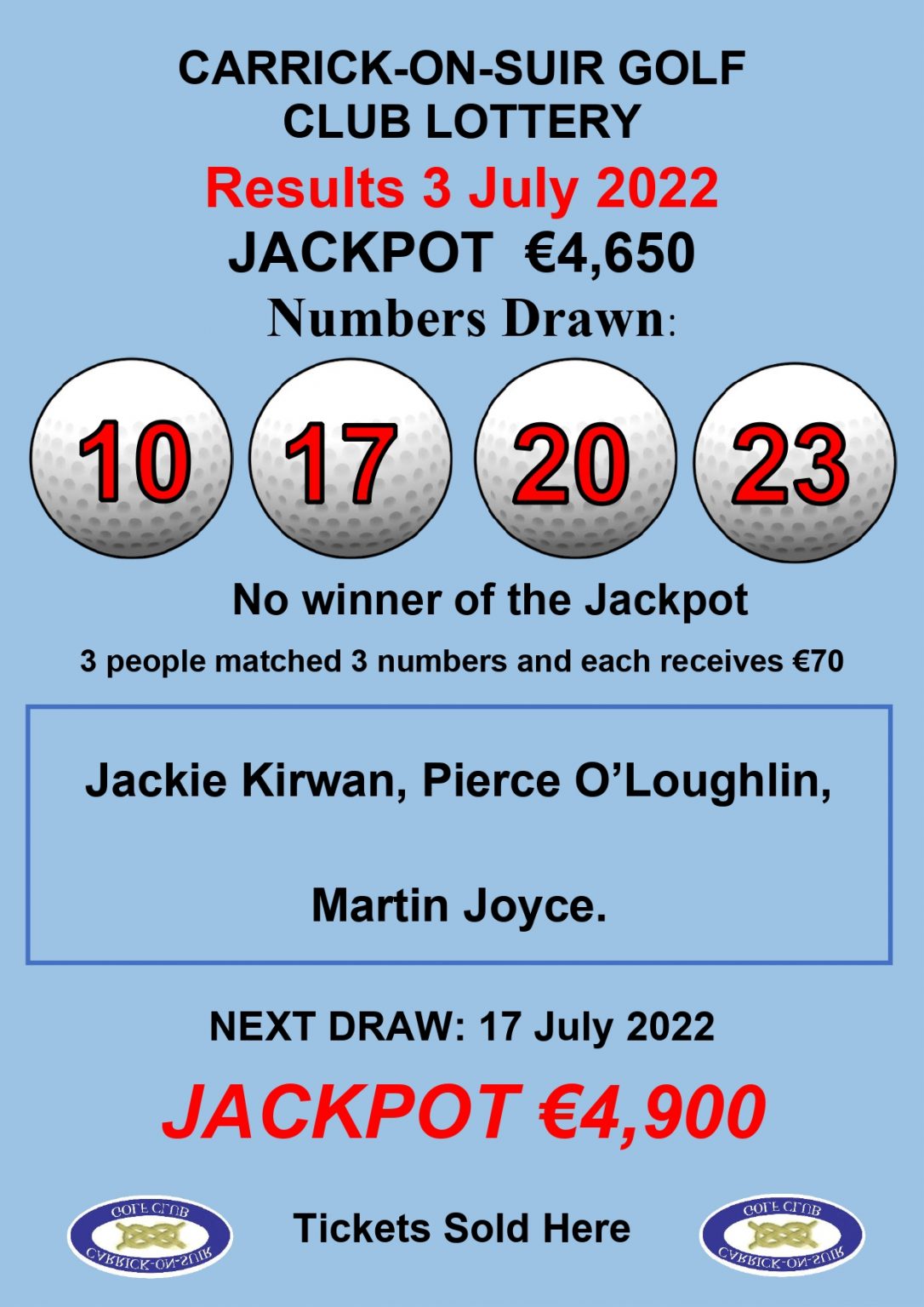 Club Lotto Results – July 3rd 2022 - Carrick-on-Suir Golf Club