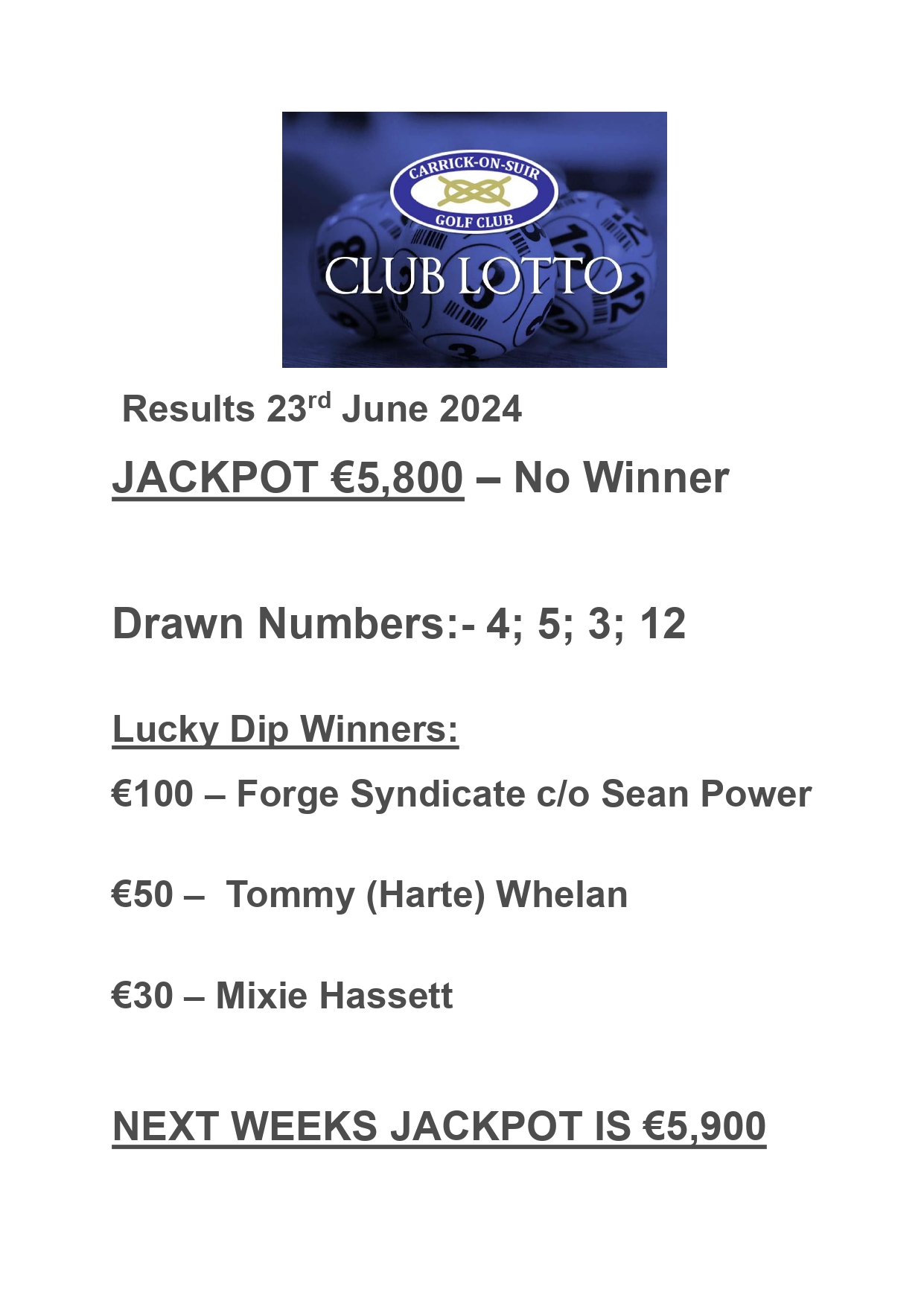 Club Lotto Results 23rd June 2024 - Carrick-on-Suir Golf Club